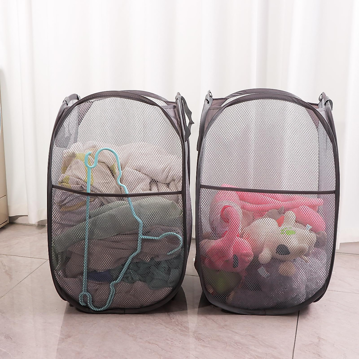 Collapsible Mesh Laundry Basket，Pop Up Laundry Hamper-Easy Storage, Ideal for Home and Travel Use (2 dark gray)