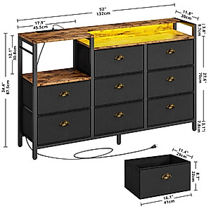IRONCK Dresser with Power Outlets and LED Lights, 8 PU Leather Drawers Dresser with Charging Station, Wide Chests of Drawers for Closet, Bedroom, Hallway, Vintage Brown Black