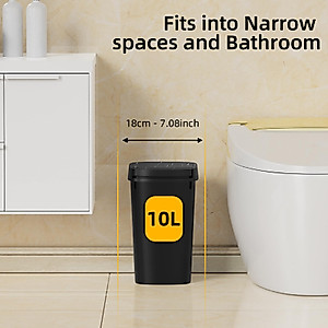 KSSKSS 3 Pack Bathroom Small Trash Can with Lid, 2.6 Gallon Slim Garbage Bin with Pop-Up Lid, 10L Plastic Wastebasket with Press Top Lid for Bedroom, Office, Kitchen, Toilet (Black)