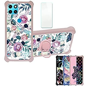 Case for Infinix Smart 6 Case Compatible with Infinix Smart 6 Phone Case Cover [with Tempered Glass Screen Protector][PC + TPU 2 in 1][Ring Support] [Colorful Reflect Light] IMDF-HUA3