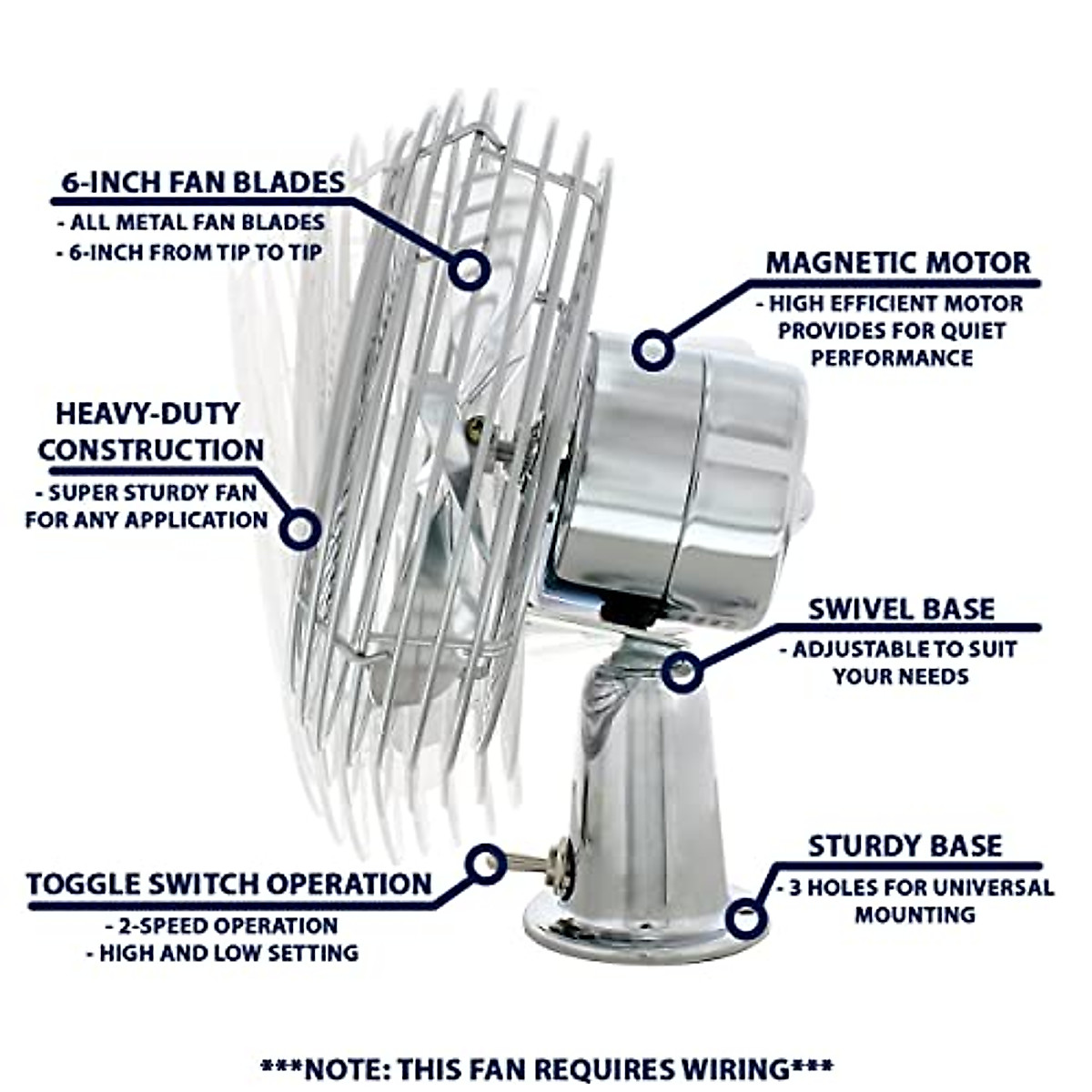 United Pacific 40848 Heavy-Duty Chrome 12V Car Fan w/6" Fan Blade for Cars, Trucks, RVs, & Vans, All Metal, 2-Speeds, Adjustable Base - ONE Fan