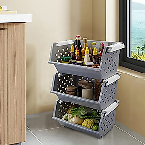Utiao 3 Pack Gray Large Stacking Basket Bin, Open Front Stackable Storage Baskets