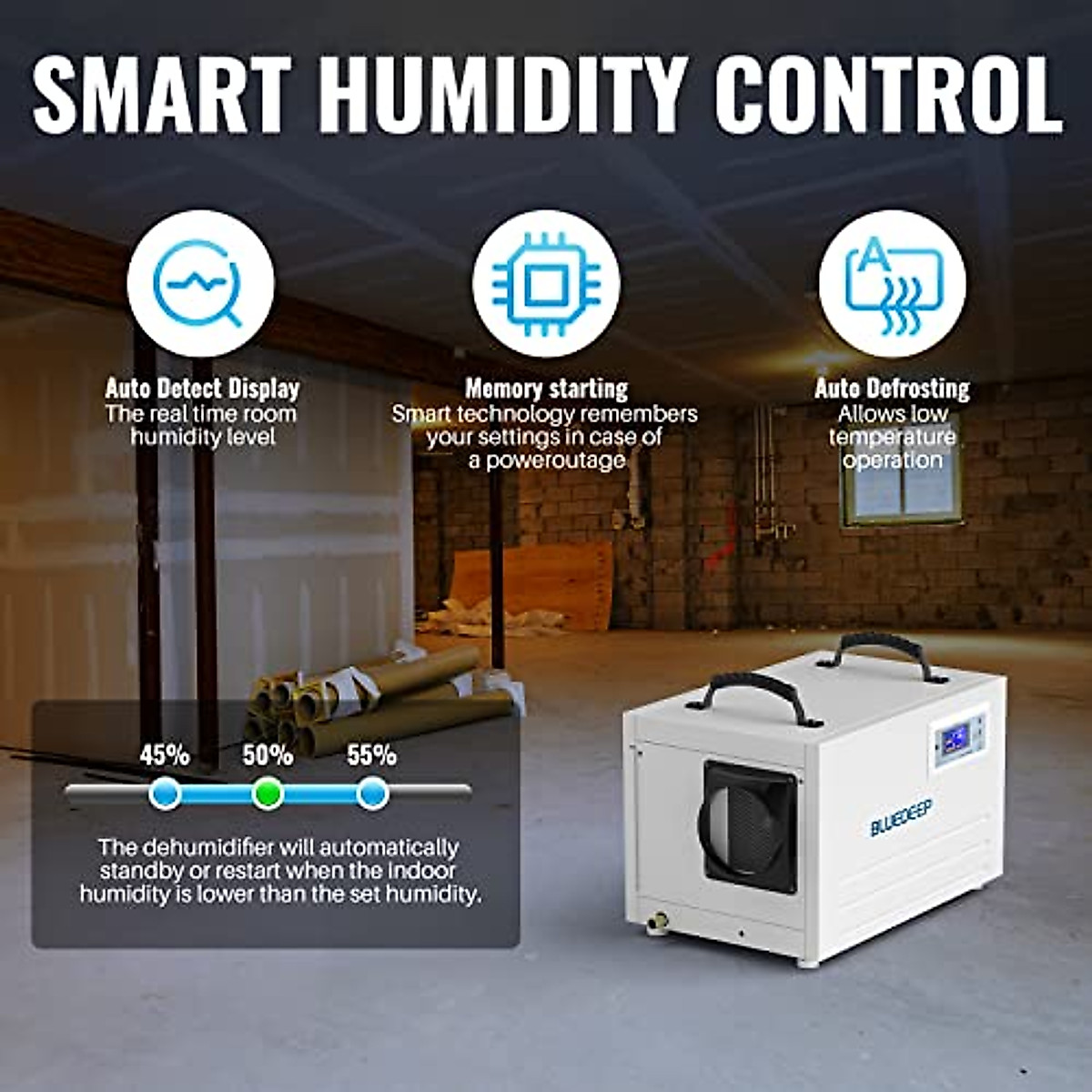 BLUEDEEP Basement/Crawl Space Dehumidifier,145 Pints (Saturation) 70 Pints Auto Defrost Commercial Dehumidifier with Drain Hose for Water Damage Storage,5 Years Warranty