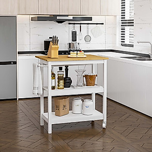 Spirich Home Kitchen Island Cart on Wheels, 3-Tier Rolling Utility Cart with Storage, Small Kitchen Island with Drop Leaf and Towel Rack for Dining Room, White