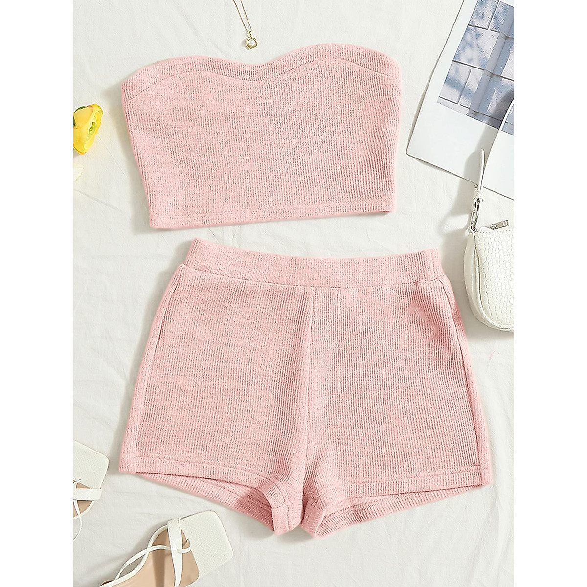 Verdusa Women's 2 Piece Outfit Ribbed Crop Bandeau Tube Top and Biker Track Shorts Sets Light Pink XS