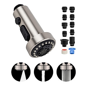 Hibbent Pull Down Kitchen Faucet Head Replacement, 3 Function Sink Faucet Sprayer Head Nozzle with 10 Adapters, Compatible with Moen, American Standard, Delta, Kohler Faucets, Brushed Nickel