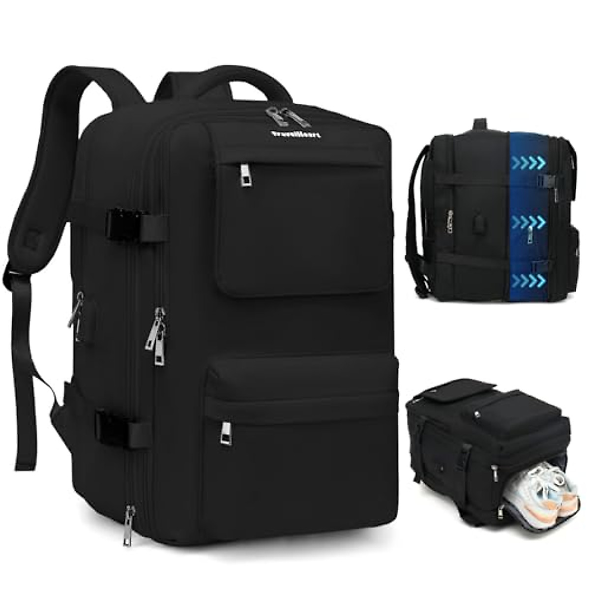 TRAVELHEART Travel Backpack for Women and Men - Large Expandable 45L with Shoe Compartment - Carry On Backpack for Airplanes - Flight Approved - Personal Item Size, Black