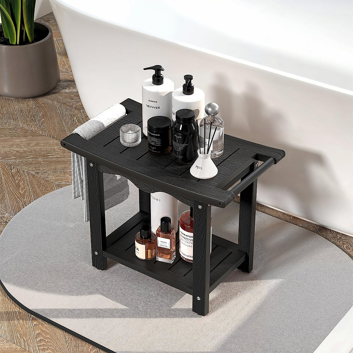 ONBRILL HDPS Shower Chair for Inside Shower, 22" Shower Bench for Elderly and Disabled, Bath Safety Seating with Storage Shelf, Sturdy & Non-Slip Shower Stool for Bathroom, 358LBS Capacity, Black