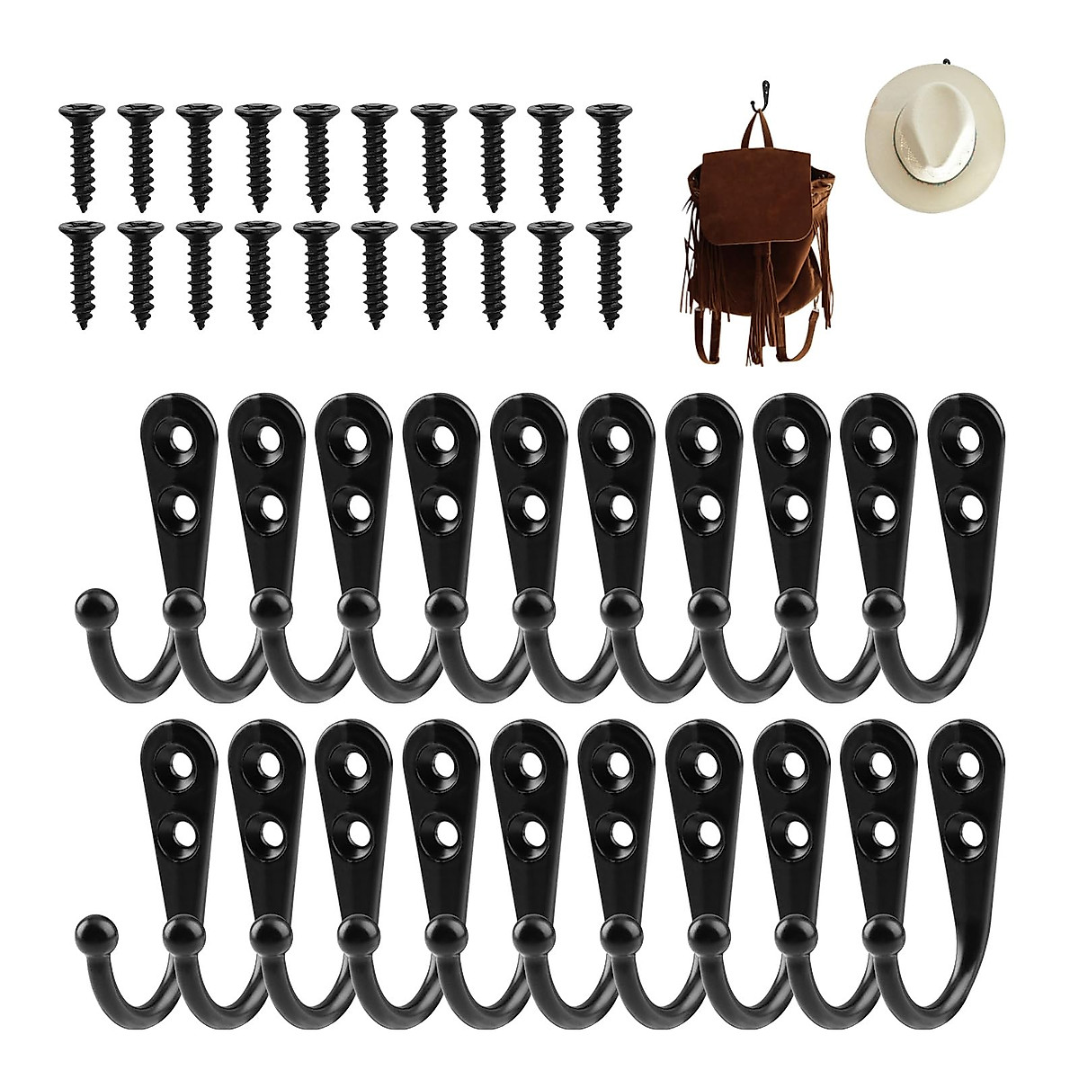 hoeslaw 20PCS Wall Mount Coat Hooks, Metal Heavy Duty Hanger with 40PCS Screws, Rustproof Wall Mout Hook for Hanging Towel Robe Bag Cup Bathroom Bedroom Kitchen Living Room Hotel Garage Pool (Black)