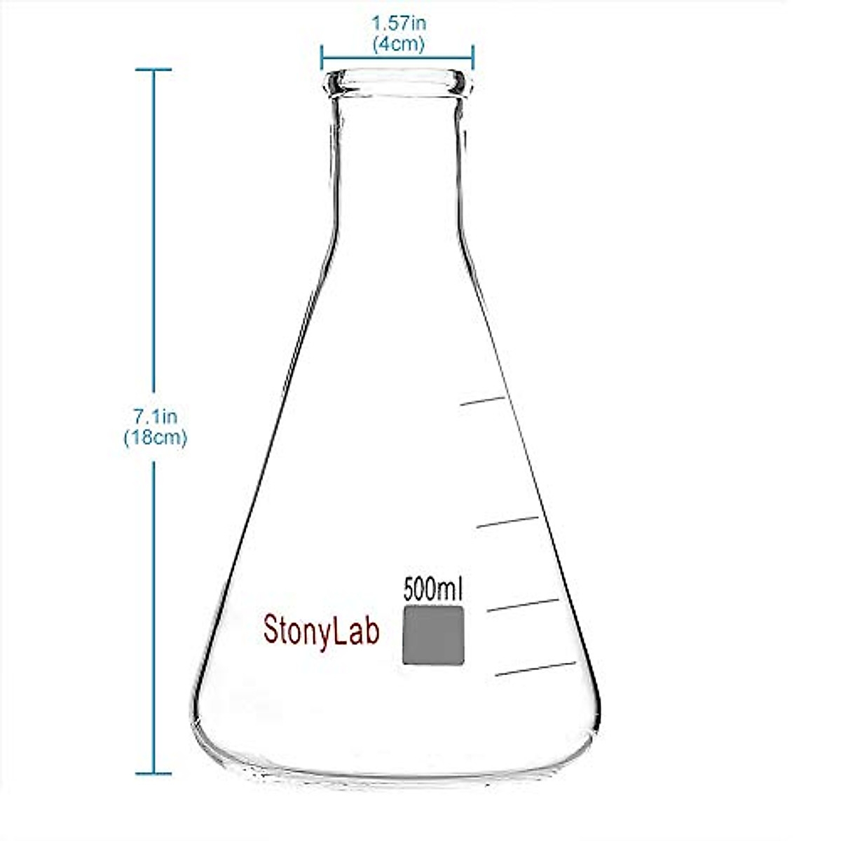 stonylab 2-Pack Glass 500ml Heavy Wall Narrow Mouth Erlenmeyer Flasks with Heavy Duty Rim (500ml Fits with stonylab 7# Rubber Stopper)
