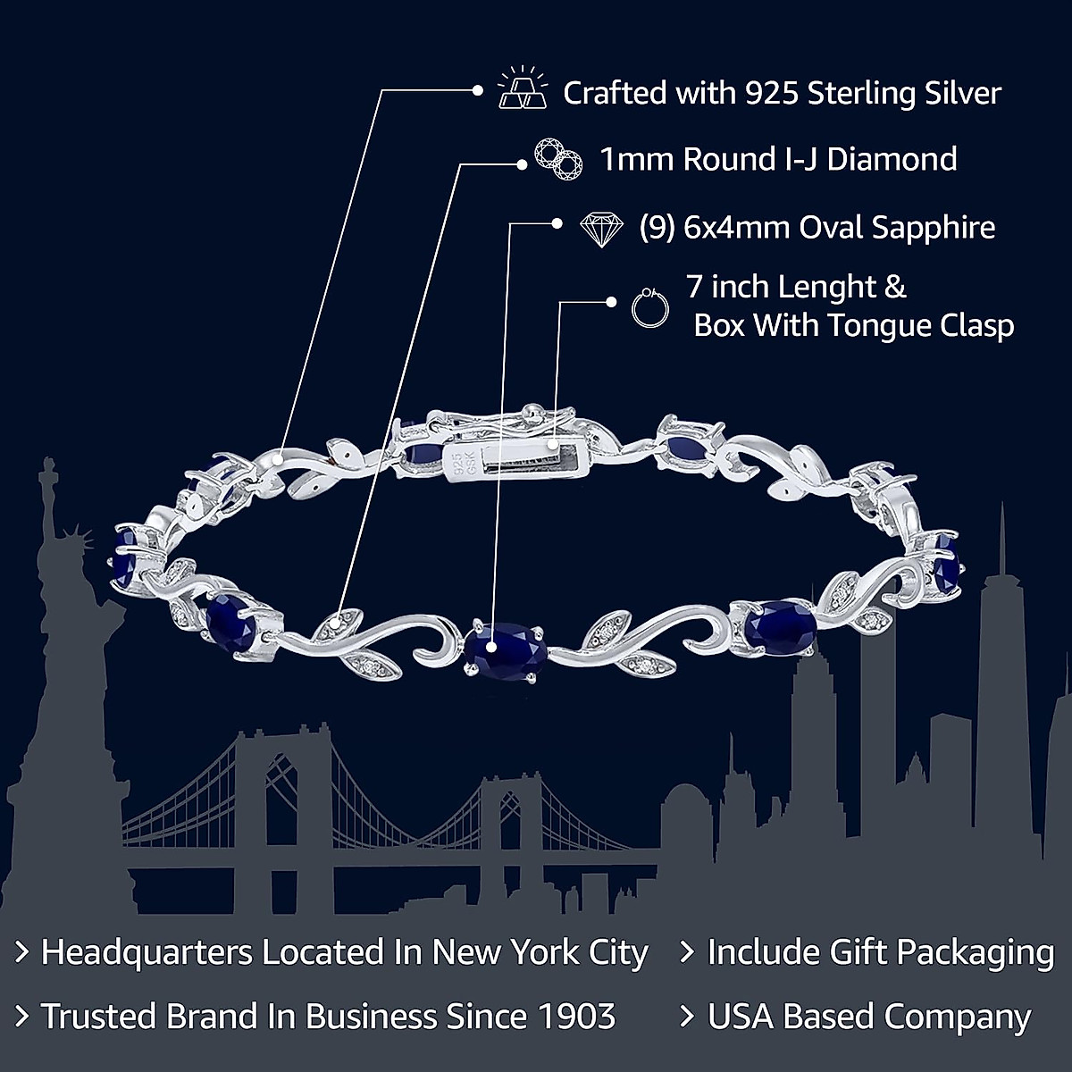 Gem Stone King 925 Sterling Silver Blue Sapphire and White Diamond Oval Tennis Bracelet | Greek Vine Bracelet for Women | 5.12 Cttw | Oval 6X4MM | Gemstone Birthstone | 7 Inch
