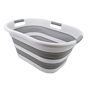 SAMMART 40L (10.5 Gallon) Collapsible Plastic Laundry Basket - Foldable Pop Up Storage Container/Organizer - Portable Washing Tub - Space Saving Hamper/Basket (1, White/Grey)