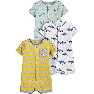 Simple Joys by Carter's unisex-baby Boys' 3-Pack Snap-Up Romper, Dinosaur/Rhino/Shark, 3-6 Months