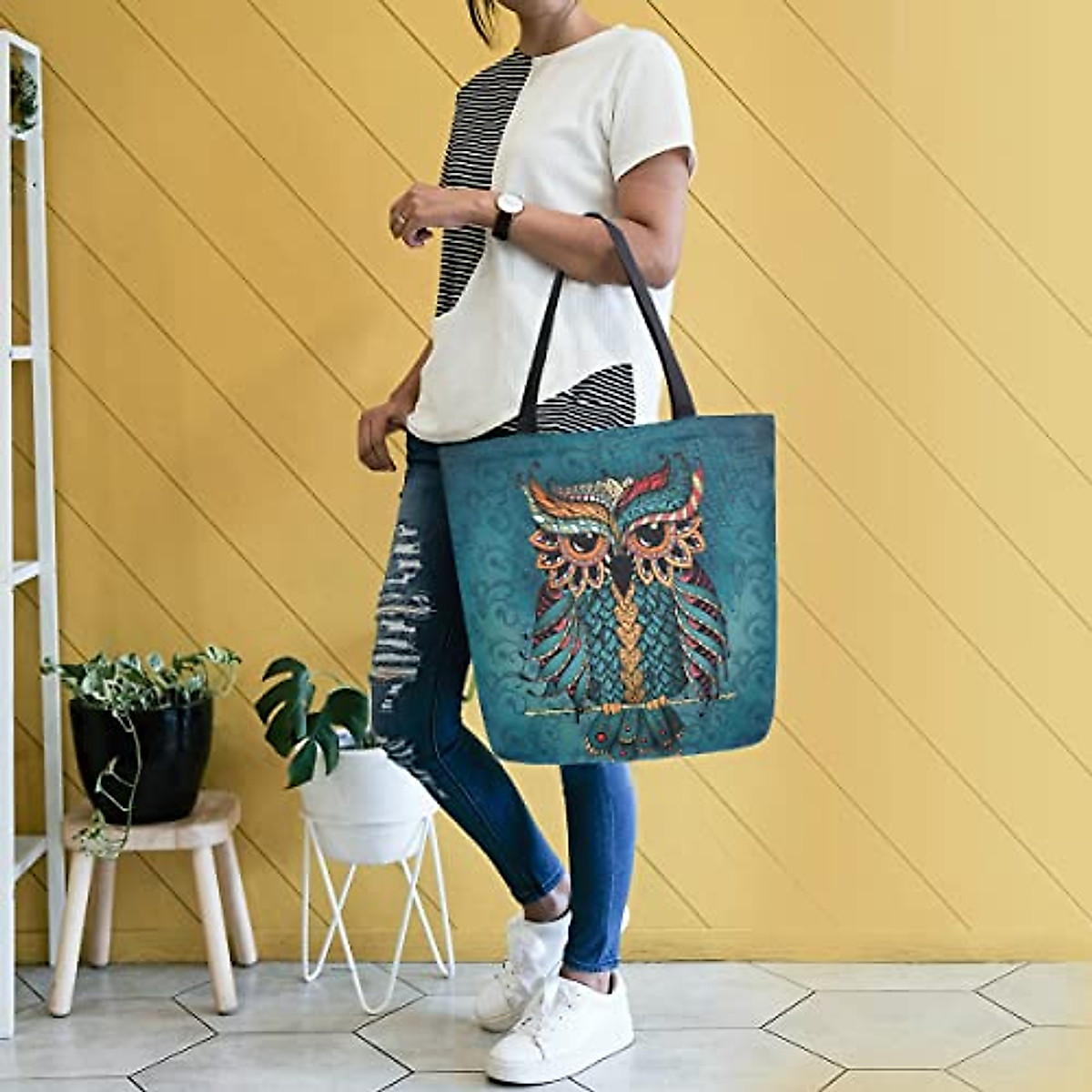 ALAZA Owl Print Boho Ethnic Large Canvas Tote Bag Shopping Shoulder Handbag with Small Zippered Pocket
