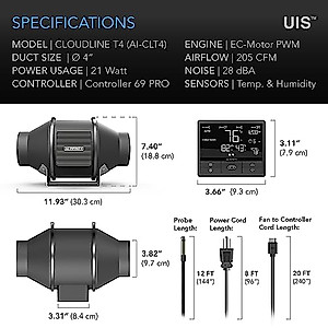 AC Infinity CLOUDLINE T4, Quiet 4” Inline Duct Fan with Temperature Humidity Controller, Bluetooth App - Ventilation Exhaust Fan for Heating Cooling Booster, Grow Tents, Hydroponics