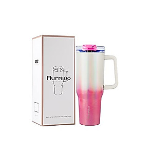 Murmioo 40OZ Tumbler with Handle and Straw,Insulated Leak Proof Double Walled Stainless Steel Travel Mug,Reusable Water Bottle Cup，keep Cold Ice，Hot water for Hours(Pink white gradient)