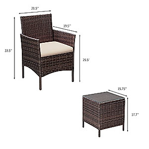 Greesum 3 Pieces Patio Furniture PE Rattan Wicker Chair Conversation Set, Brown and Beige