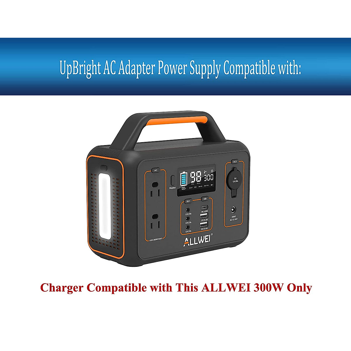 UpBright AC/DC Adapter Compatible with ALLWEI 300W 280Wh Portable Power Station Peak 600W Solar Generator 78000mAh CPAP Backup Lithium Ion 12V 8A Battery Pack SGR-PPS300-2 Supply Battery Charger