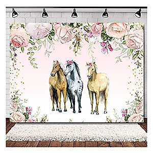 Pink Flower Countryside West Cowboy Cowgirl Horse Party Photo Backdrops 5x3ft Children Boy or Princess Girl Birthday Photography Background Baby Shower Party Supplies Banner Cake Table Decor Vinyl