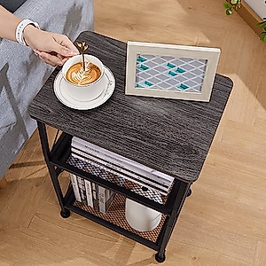 ruboka 3-Tier Small End Tables,Narrow Side Table with Steel Grid Storage Shelves,Slim Nightstand X-Design Sofa Side Table Small Bookshelf Bookcase,Display Rack for Living Room,Bedroom (Grey)