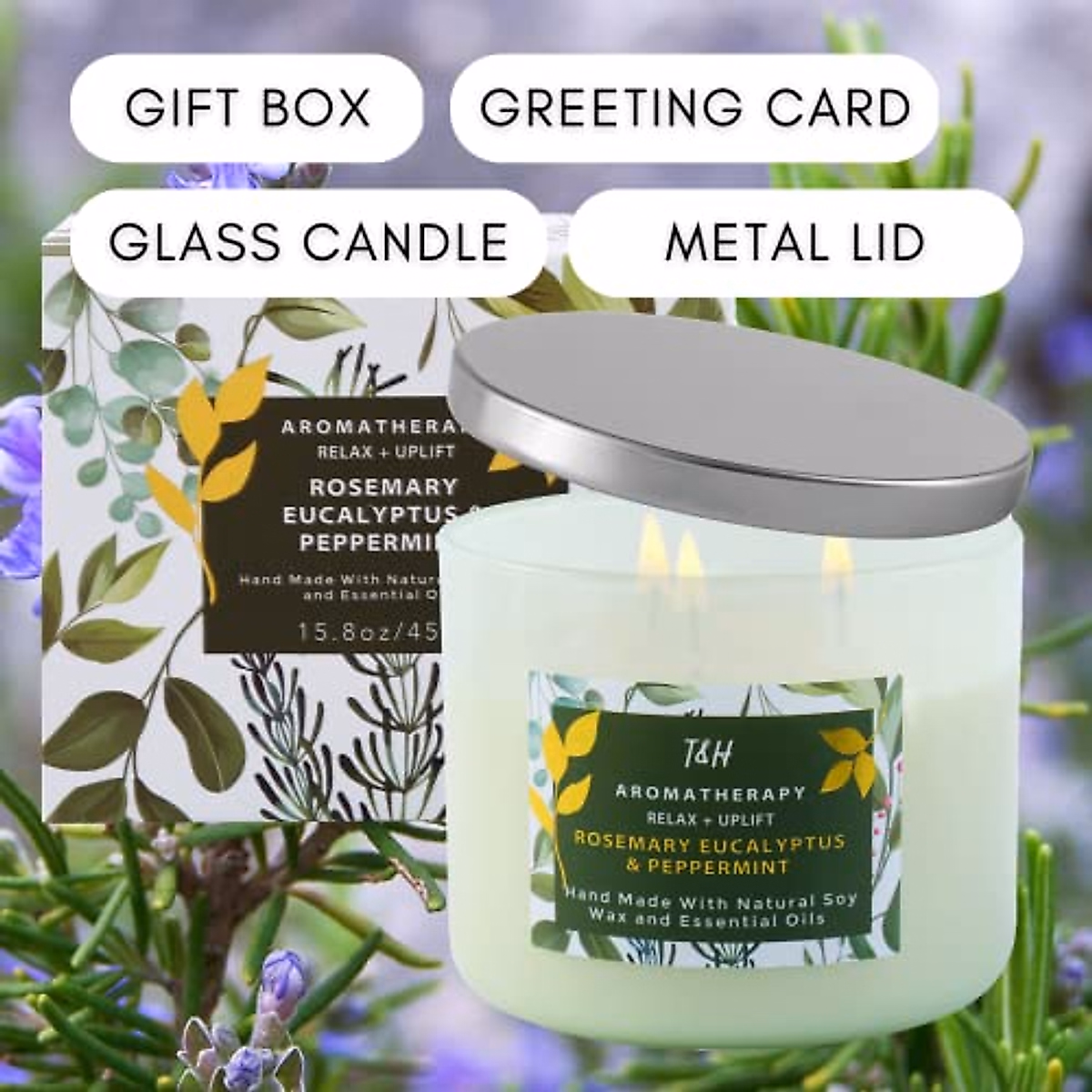 Rosemary Eucalyptus & Peppermint Scented Candle with Lavender & Thyme, Refreshing Stress Relief Aromatherapy Candle 3-Wick 15.8 oz, Strong Eucalyptus Mint Candles for Home Scented, Natural Soy Candles