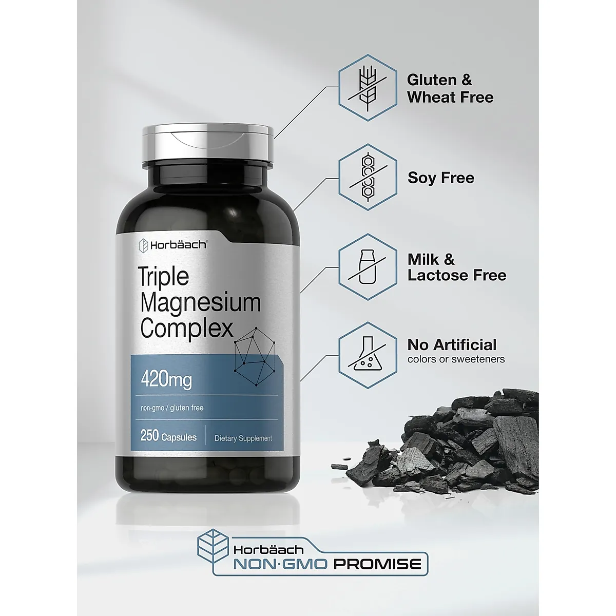 Horbäach Triple Magnesium Complex | 420 mg | 250 Capsules | Non-GMO and Gluten Free Formula | Magnesium Oxide, Citrate, and Aspartate Dietary Supplement