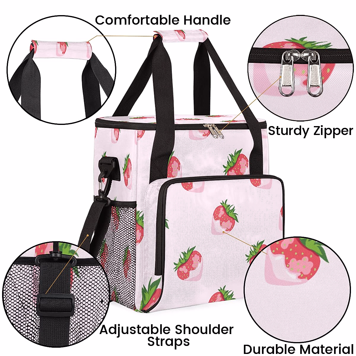 Pink Cute Strawberry Coffee Maker Carring Bag Travel Storage Tote Bag Compatible with Keurig K-Mini or K-Mini Plus Portable Single Serve Coffee Brewer Case with Pockets for K-cup Pods