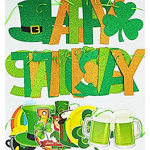 JKQ Glittery Happy St Patrick's Day Banner and Shamrock Rainbow Gold Coins Pot Horseshoe Leprechauns Patterns Banner Saint Patrick's Day Garland Banner Irish Lucky Day St. Patty's Day Party Decorations