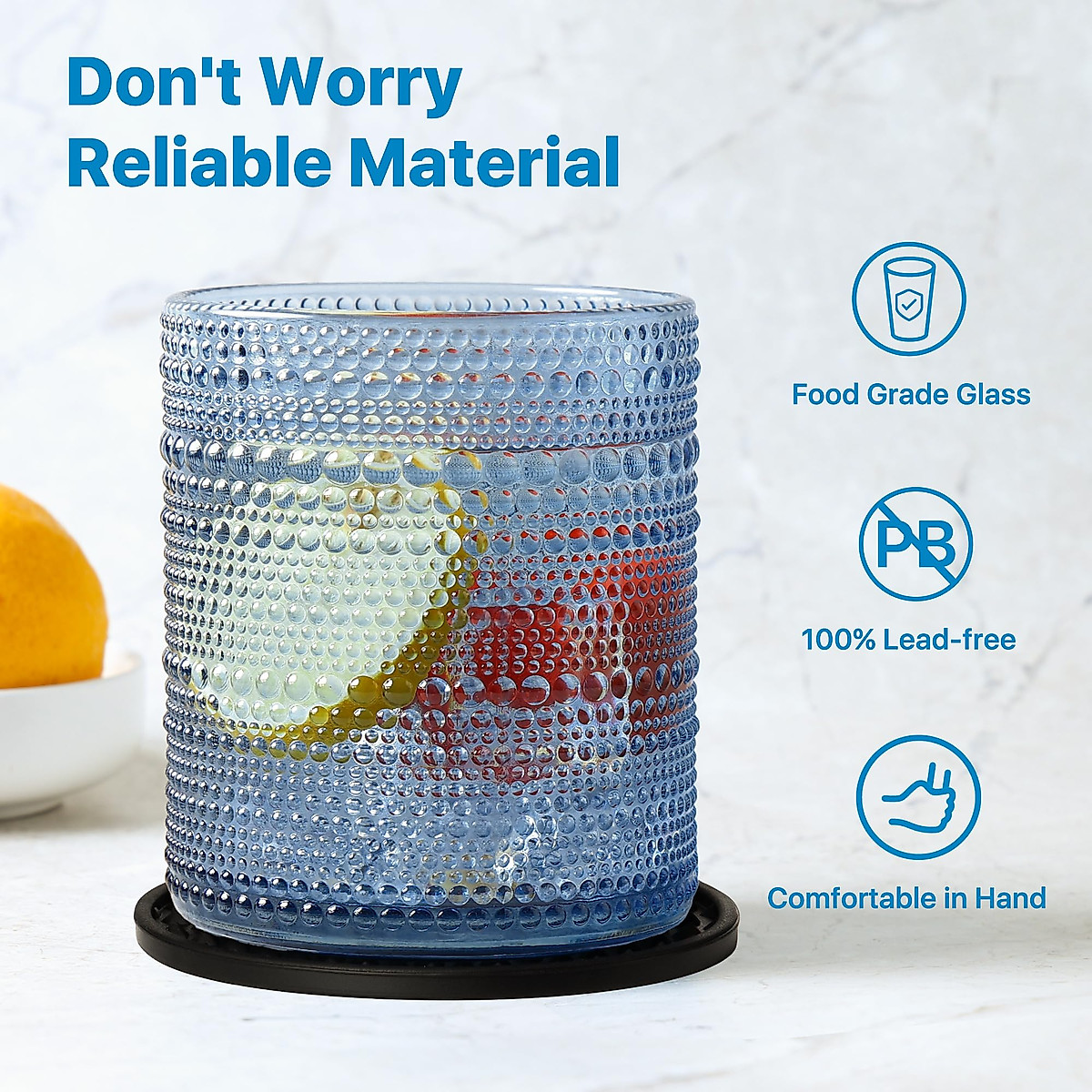 DmmyAlzx Hobnail Drinking Glasses Set of 12 Count, Vintage Glassware, Old Fashioned Glasses, 6 Highball Bubble Glasses Drinking 15 oz, 6 Rocks Glass Cup 14.5 oz with 12 Silicone Coasters, Blue