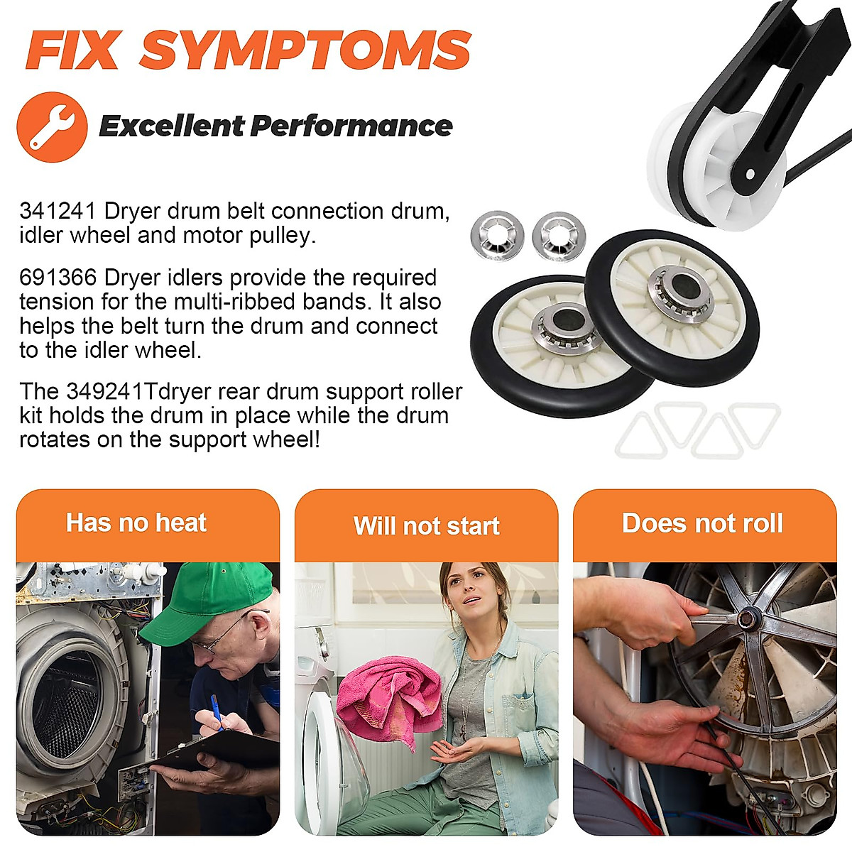Upgraded 4392065 Dryer Maintenance Repair Kit by Beaquicy - Replacement for Whirlpool Ken-More Crosley Admiral Amana Dryer - Package Includes 349241t Drum Roller 341241 Belt and 691366 Idler Pulley