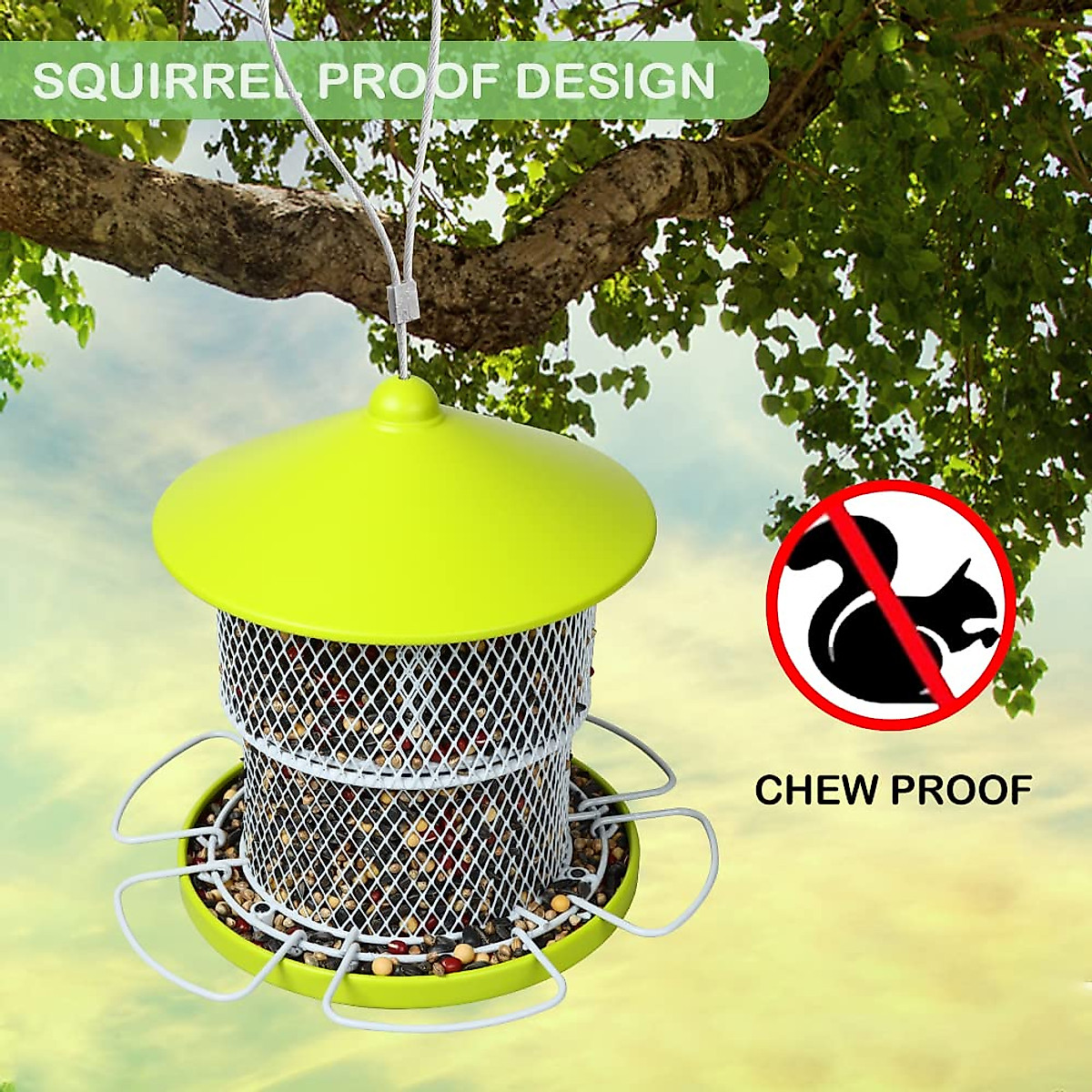 Metal Bird Feeder Clearance,Hanging Bird Feeders for Outside Wild Birds, Squirrel Poorf, Heavy Duty,6 Perches, 4 lbs Capacity for Cardinals, Finches, Blue Jays-Silver Green