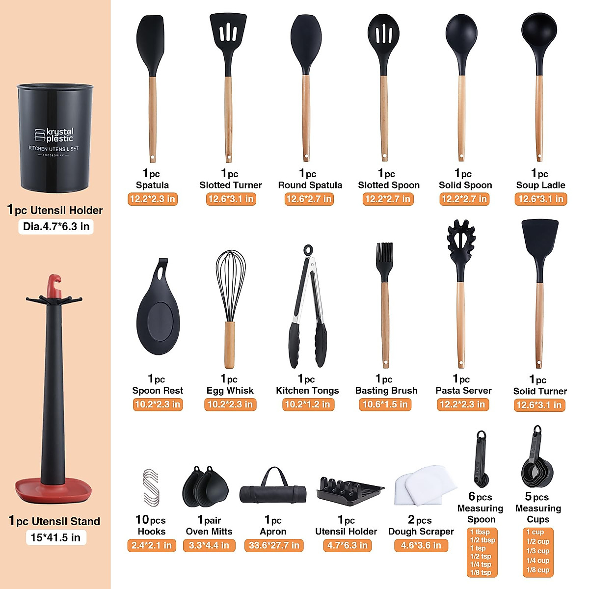 40 Pcs Cooking Utensils Set with Apron Silicone Turner Tong Spatula Spoon Kitchenware Organizer, BPA Free, Non-stick Heat Resistant Kitchen Gadgets Cookware with Natural Wooden Handle, Black