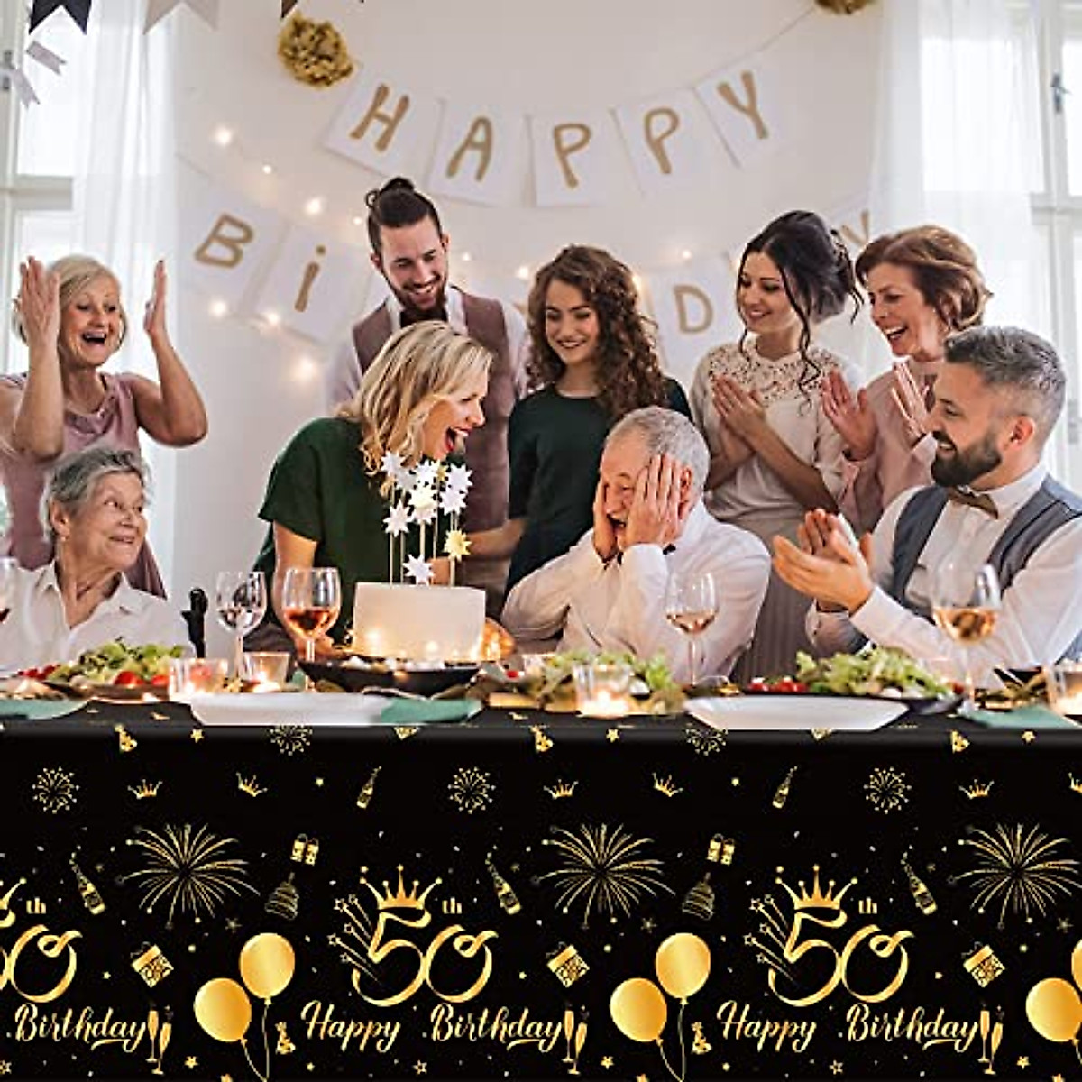 Remagr 3 Pack 50th Happy Birthday Tablecloth Disposable Plastic Table Cover Rectangular Black and Gold Cloths for Parties Decoration Supply Men Women Birthday, 54 x 108 Inch(50th), 54'' 108''