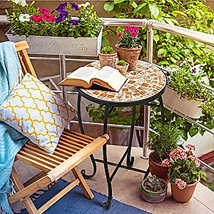 VINGLI Mosaic Outdoor Side Table, 14" Round End Table, Accent Table, Plant Stand Ideal for Pool Side, Porch, Patio, Deck or Sofa Side, Glass Top Black Iron, Golden Yard