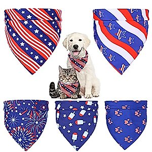 Yunison 5 Packs 4th of July Dog Bandanas Reversible Scarfts American Flag Independence Day Fireworks Pet Scarfs, Cat Bandanas for Small Medium Large Pets