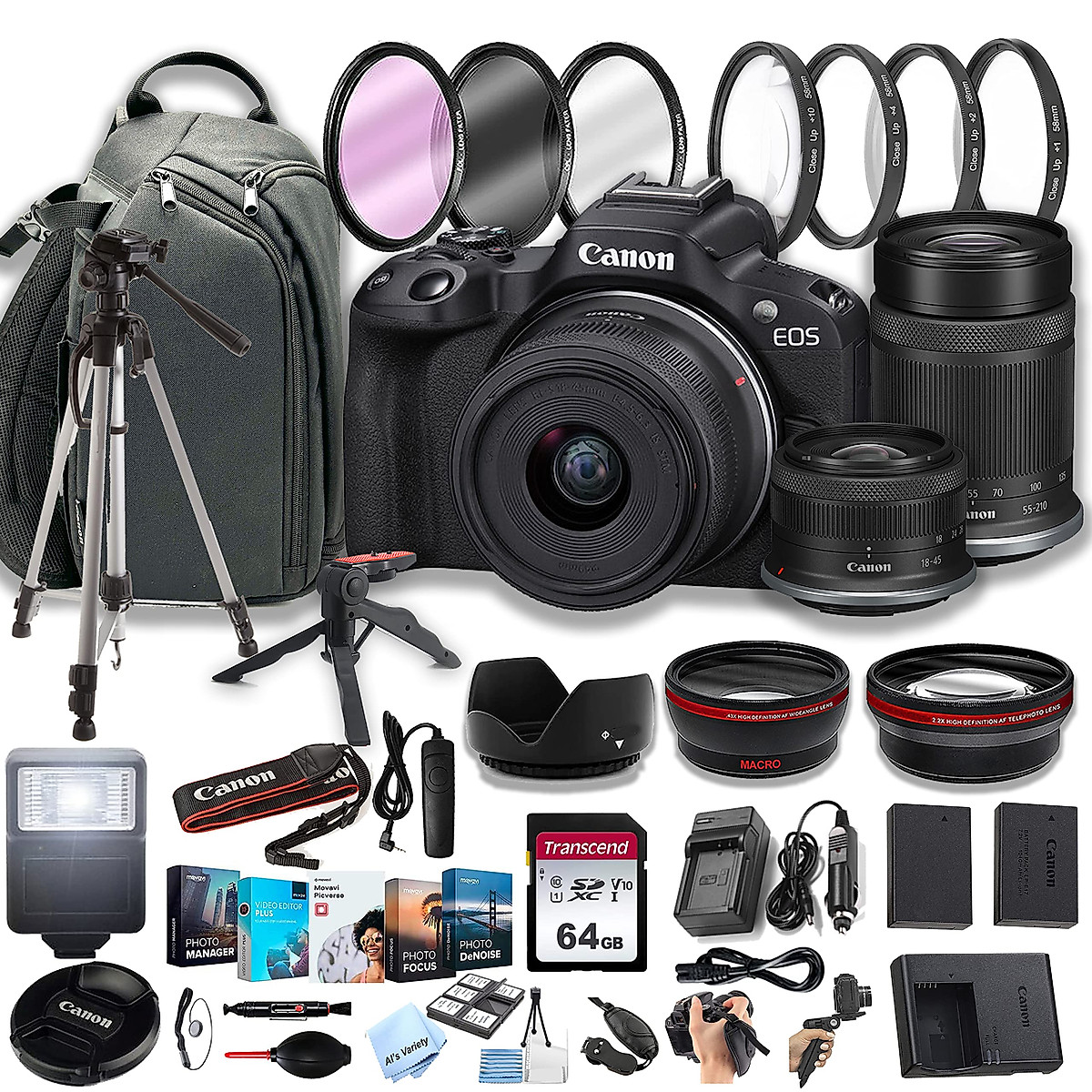 Canon EOS R50 Mirrorless Digital Camera with RF-S 18-45mm f/4.5-6.3 is STM Lens + 55-210mm f/5-7.1 is STM Lens + 64GB Memory Cards, Professional Photo Bundle (42pc Bundle)