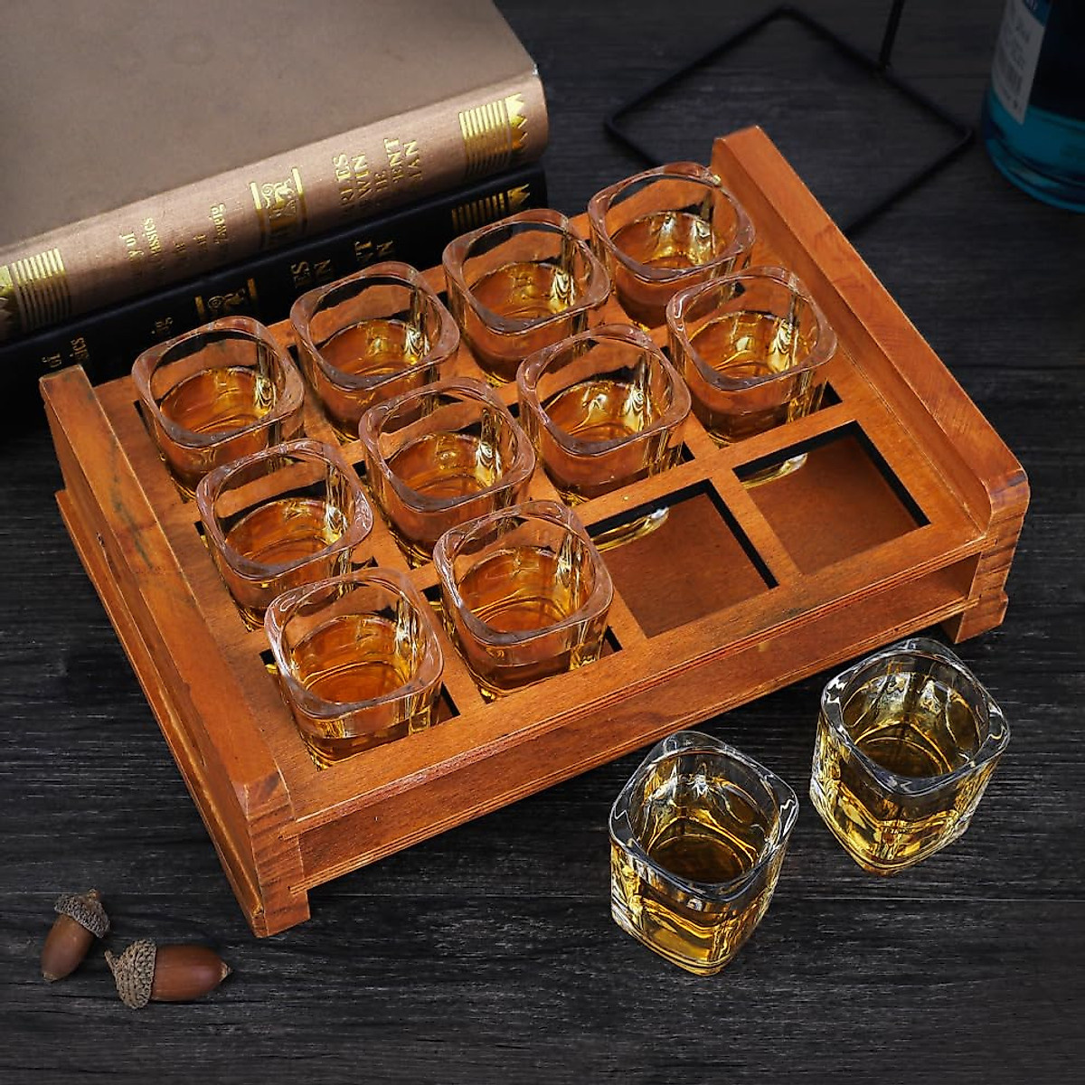 BARGIFTS 12pc Shot Glass Set,Party Server Shot Glasses Set with Rustic Rufous Wood Serving Tray,Crystal Shot Glass for Whiskey, Party & Collection