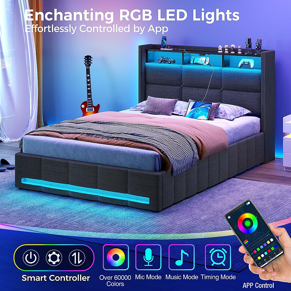 Rolanstar Bed Frame Twin Size with Lift Up Storage, Charging Station & LED Lights, Upholstered Storage Headboard, Heavy Duty Wooden Slats, No Box Spring Needed, Noise Free, Easy Assembly, Dark Grey