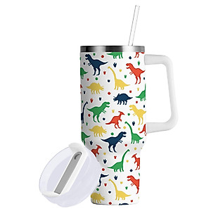 ZZXXB Dinosaur Colorful Pattern Insulated Stainless Steel Water Bottle with Handle and Straw Lid Double Walled Travel Mug 40 oz