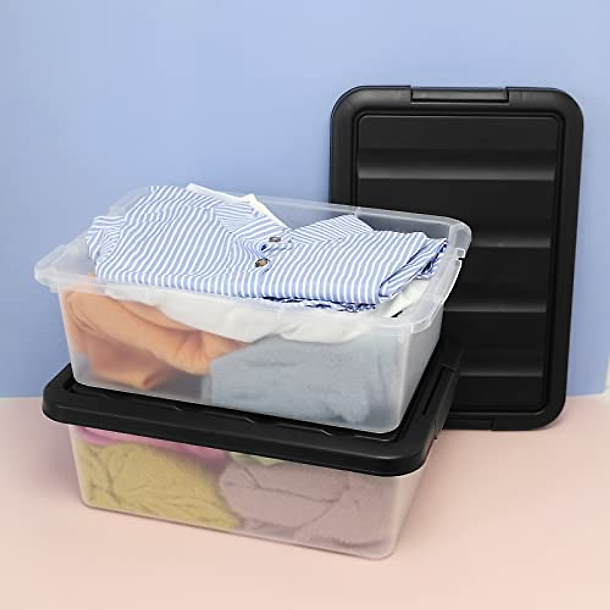 Wekioger Versatile Plastic Storage Box Organizer Bins with Black Lids, 14 Quart, 2 Packs