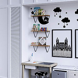 Wallniture Colmar Floating Shelves for Wall, Storage Shelves for Living Room Decor, Natural Burned Wall Shelf Set of 3 with Black Shelf Brackets