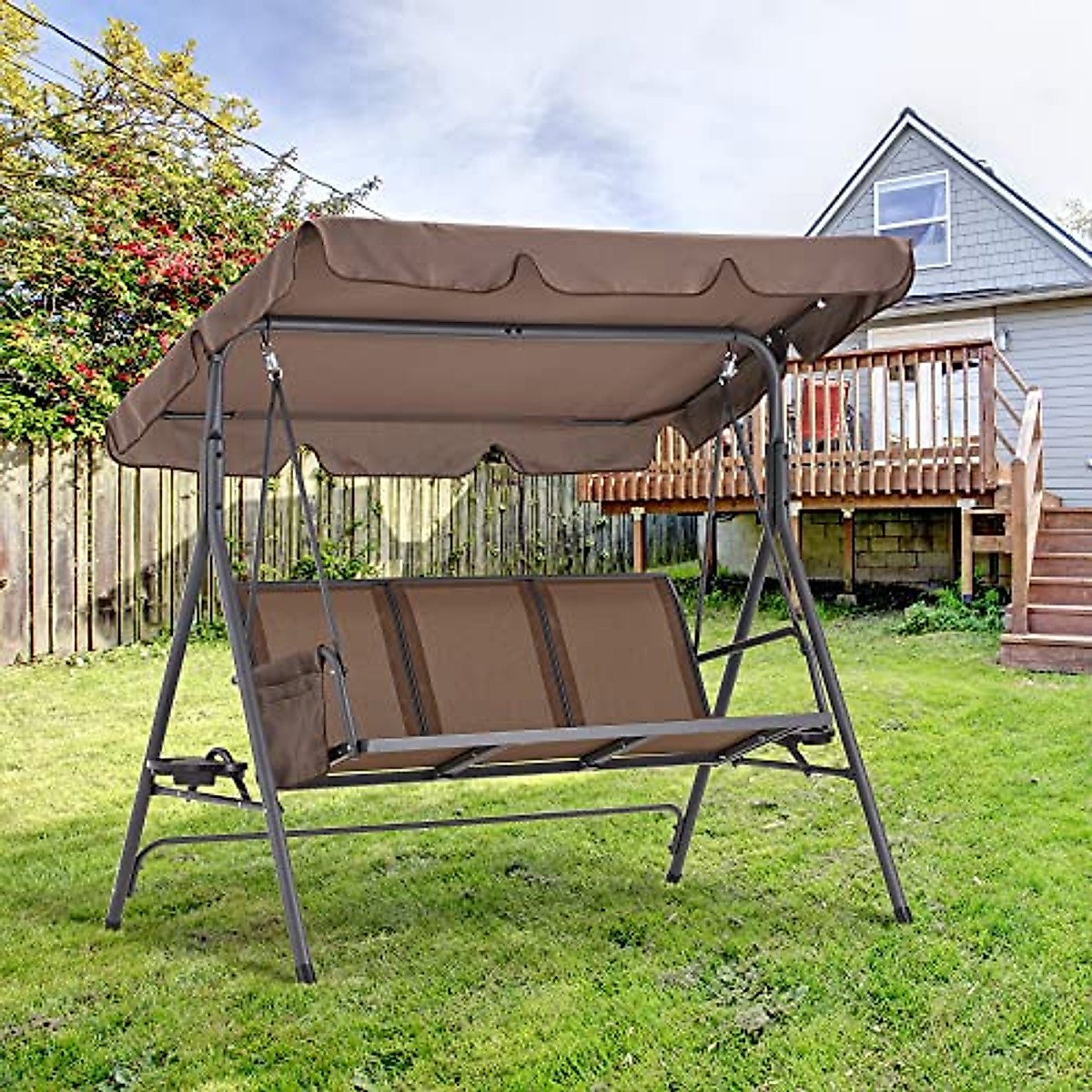 HABUTWAY Outdoor Patio Canopy Swing Chair,Porch Swing with Stand 3 Person,Heavy Duty Outdoor Swings for Deck,Backyard,Poolside,Textilene Fabric,Steel Frame,Storage Pocket,Utility Tray (Brown)