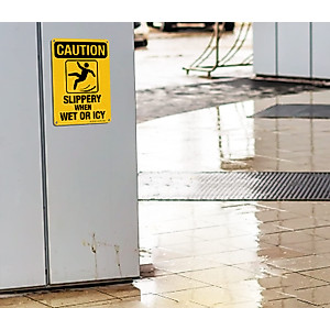 Slippery When Wet Or ICY Sign, Caution Sign, 4 Pack, 10" x 7" Rust Free .040 Aluminum, UV Protected, Waterproof, Weatherproof and Fade Resistant, 4 Pre-drilled Holes
