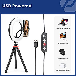 Fotopro 8'' Ring Light Tripod Stand, Selfie Ring Light with Phone Mount Holder and Remote Led Dimmable Ringlight with Flexible Mini Tabletop Tripod for Makeup Vlogging Video Live Streaming