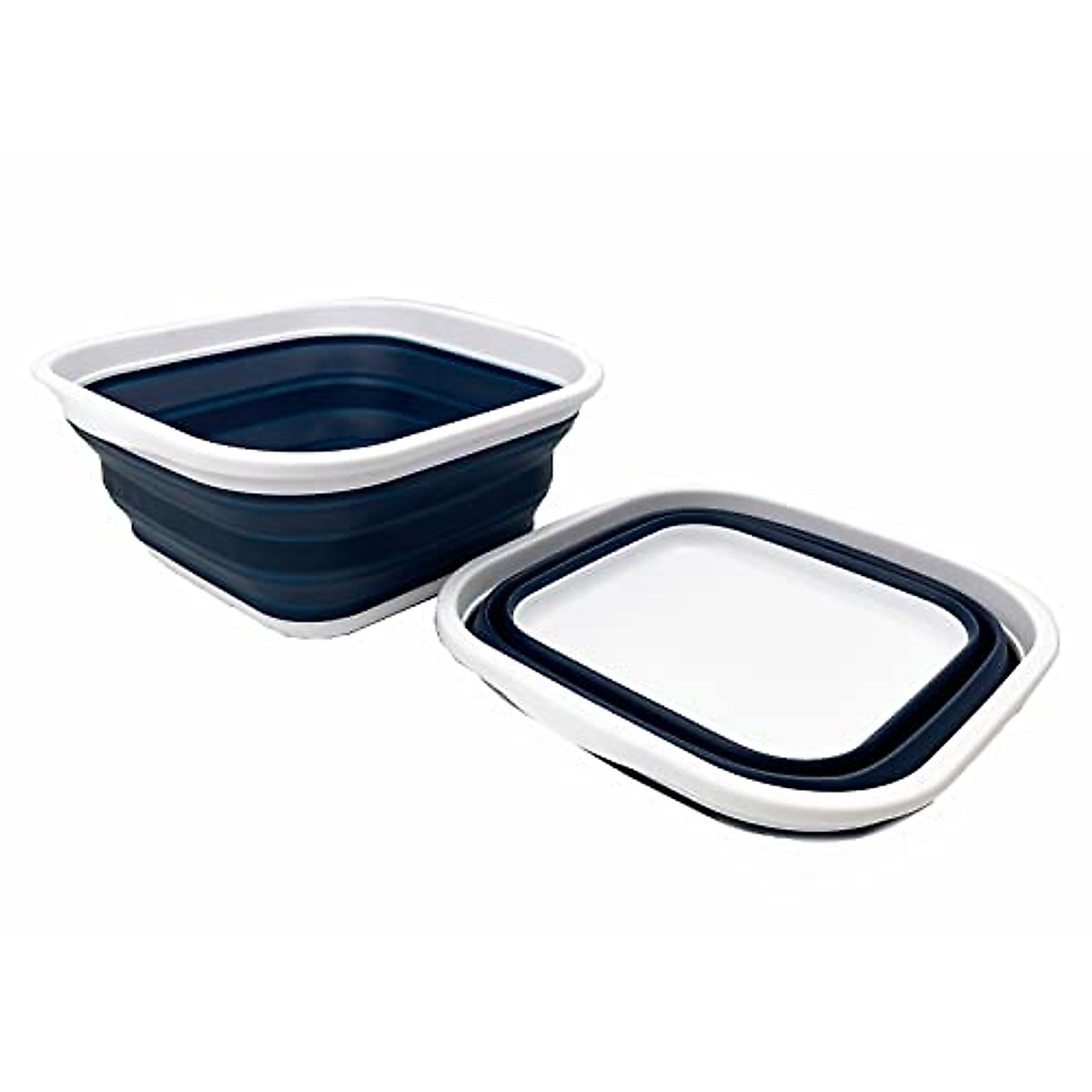 SAMMART 5.5L (1.4 Gallons) Set of 2 Collapsible Tub - Foldable Dish Tub - Portable Washing Basin - Space Saving Plastic Washtub (White/Indigo)