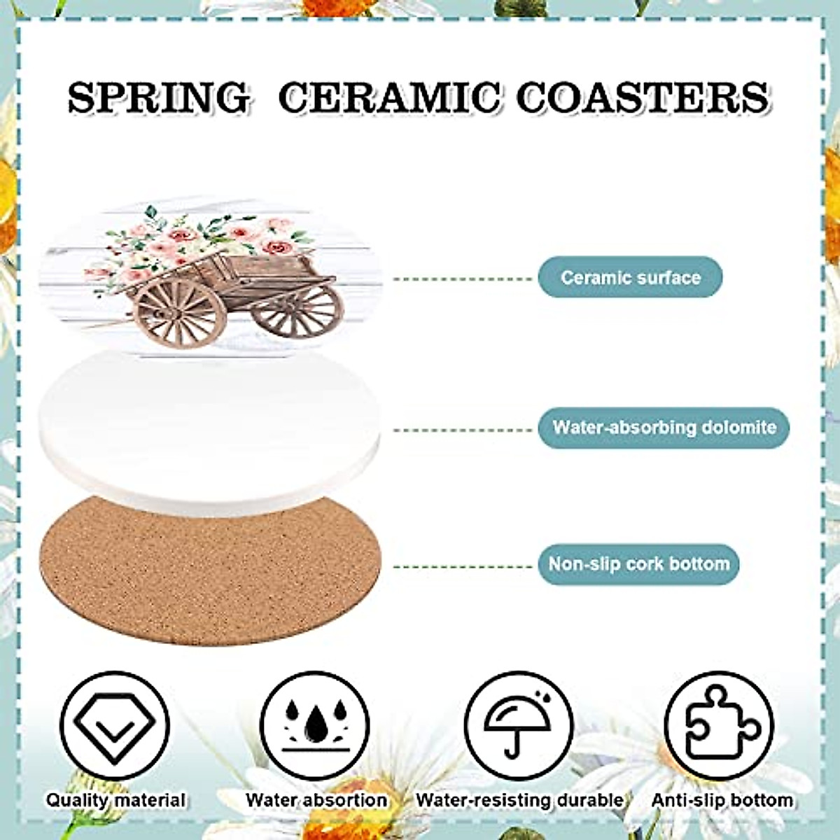 Whaline Spring Coasters 6 Pack Rustic Farmhouse Drink Coaster Truck Floral Flower Ceramic Coaster Cup Mat for Mugs Cups Home Kitchen Party Supplies, 4.1 x 0.3 Inch