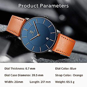 BEN NEVIS Watch, Mens Watch, Minimalist Fashion Simple Wrist Watch Analog Date with Leather Strap Orange Blue