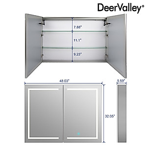 Deer Valley 48" W x 32" H Lighted Medicine Cabinet with Mirror, Led Medicine Cabinet Mirror for Bathroom with Defogger & 3-Color Dimmable, Wall Mounted Mirrored Medicine Cabinet with Lights