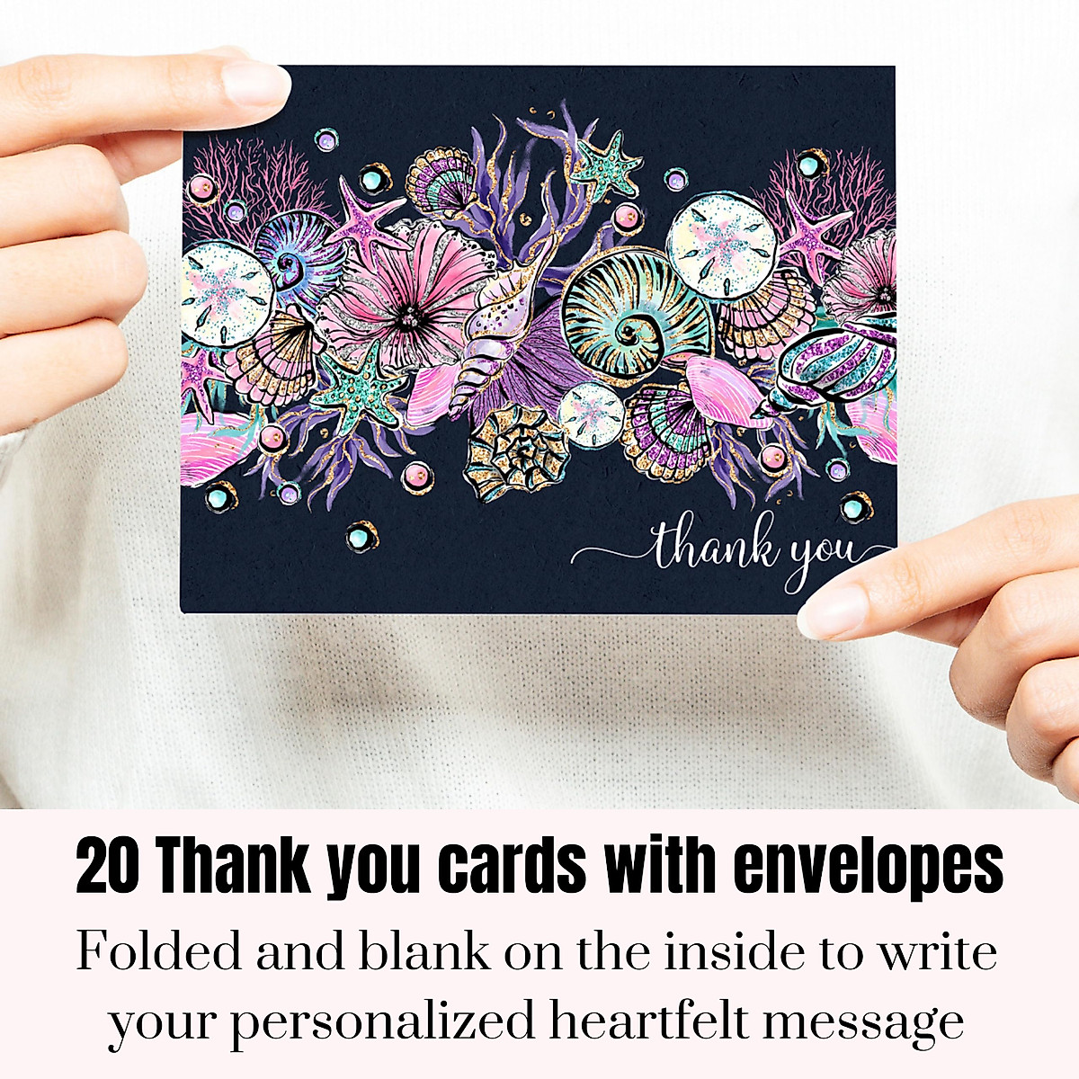 Paper Clever Party Enchanting Seashell Thank You Cards with Purple Envelopes for All Occasions, Showers, Wedding, Everyday Essentials, Simple Mermaid Note Set Folded, 20 Pack