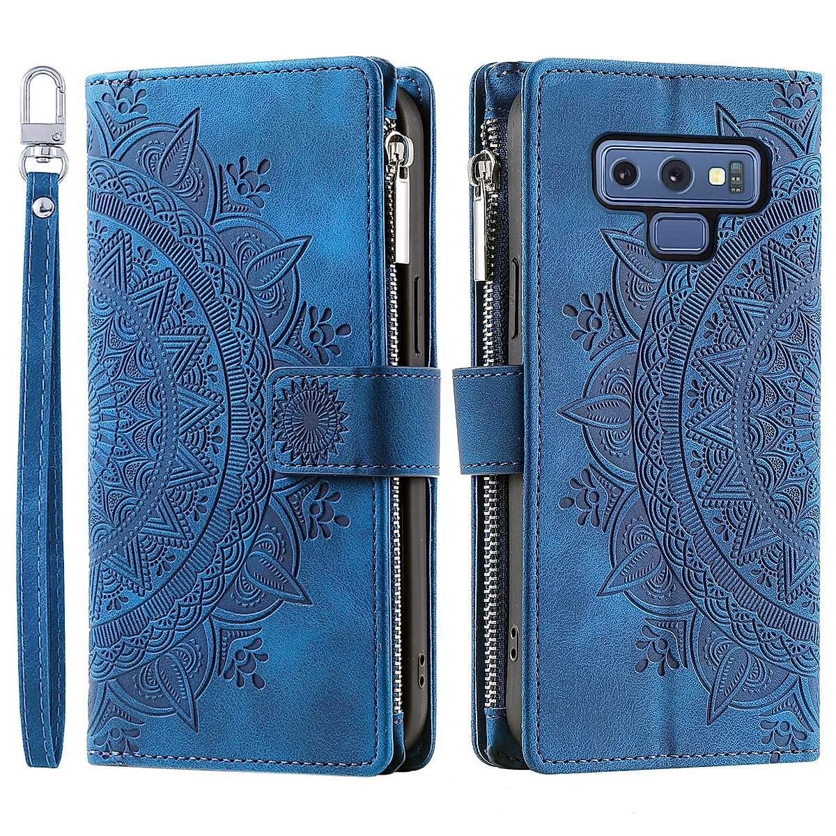 Asuwish Phone Case for Samsung Galaxy Note 9 Wallet Cover with Tempered Glass Screen Protector and Wrist Strap Mandala Flower Leather Flip Zipper Card Holder Slot Cell Note9 Not S9 Women Men Blue